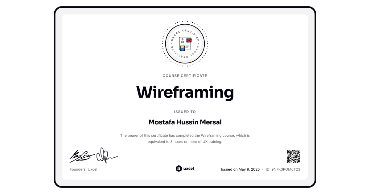 Certificate of completion for Wireframing | Uxcel
